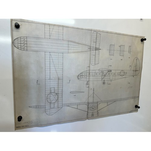 A collection of printed plan drawings of WWII era aircraft on linen ...
