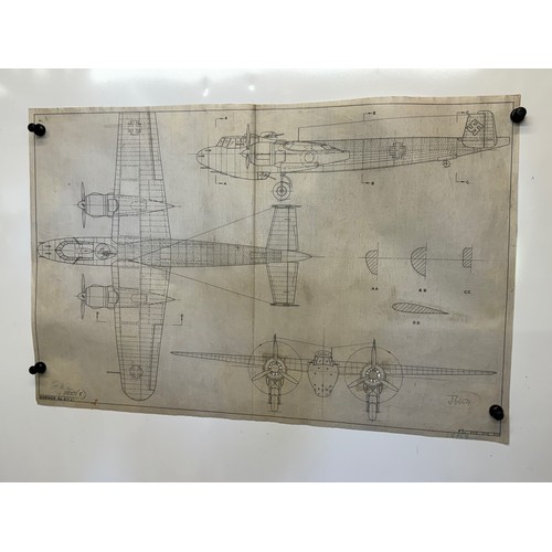 A collection of printed plan drawings of WWII era aircraft on linen ...