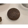 Mixed metal wares, includes West Ham Workhouse token, clock advertising ...