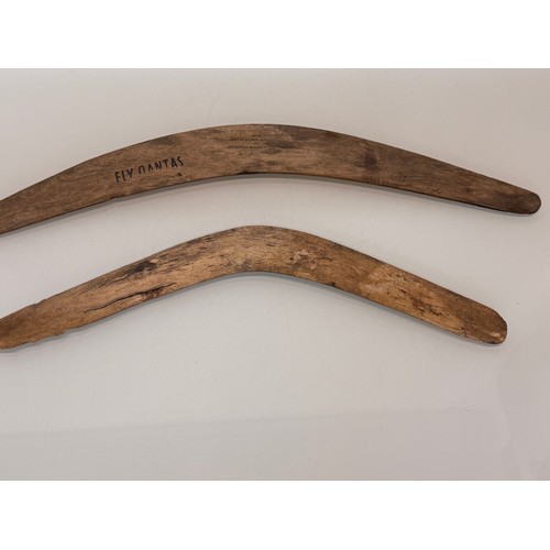 Two hand decorated promotional boomerangs marked for Quantas Airlines ...