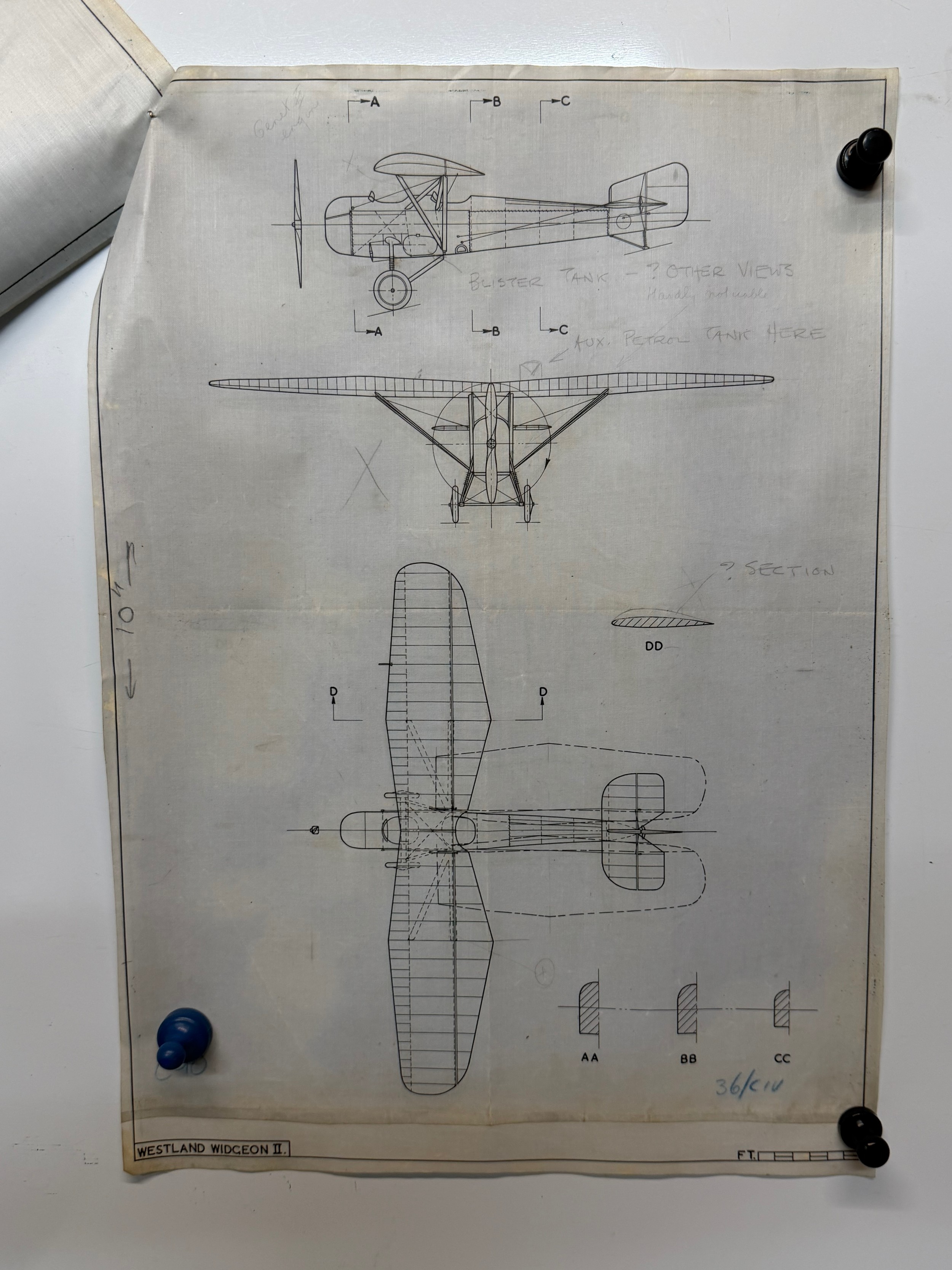 British aviation WWI planes, Vintage aircraft plans on linen of a ...