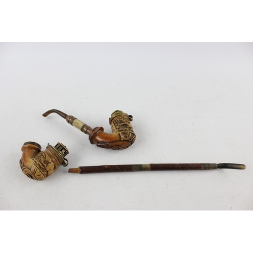 2 x Antique Carved MEERSCHAUM Tyrolean / Austrian Estate SMOKING PIPES