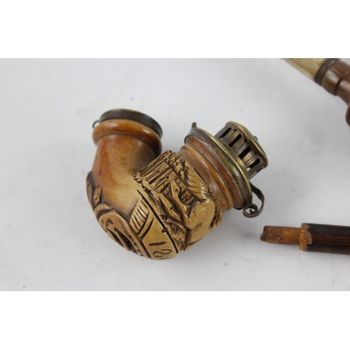 2 x Antique Carved MEERSCHAUM Tyrolean / Austrian Estate SMOKING PIPES