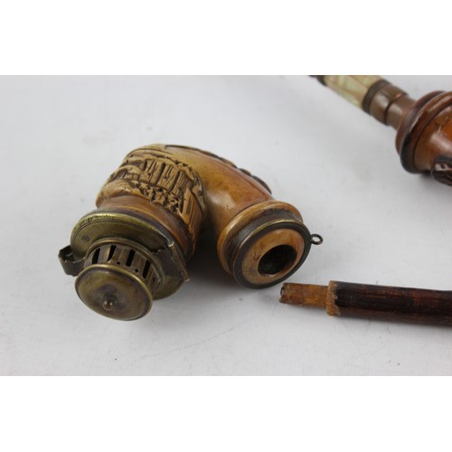 2 x Antique Carved MEERSCHAUM Tyrolean / Austrian Estate SMOKING PIPES