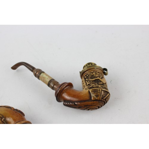 2 x Antique Carved MEERSCHAUM Tyrolean / Austrian Estate SMOKING PIPES