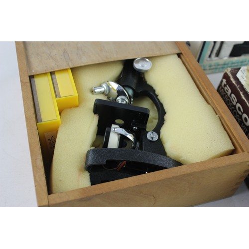 4 x Boxed Vintage Microscopes Inc Paul Plus 100x-750x, Regent, Tasco, Etc