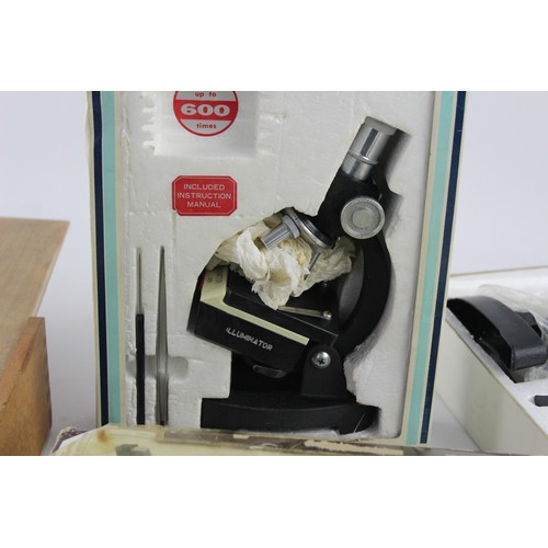 4 x Boxed Vintage Microscopes Inc Paul Plus 100x-750x, Regent, Tasco, Etc