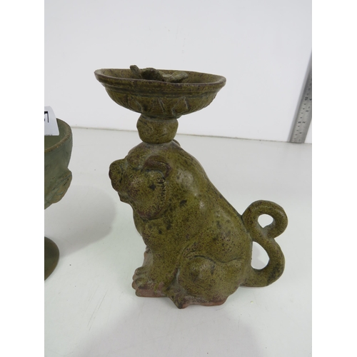 VINTAGE CLAY KY'ATHOS AND CHINESE CELADON TEMPLE STATUE