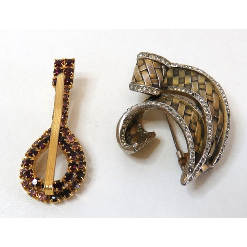 Vintage Trifari basket weave brooch and Amethyst banjo brooch.