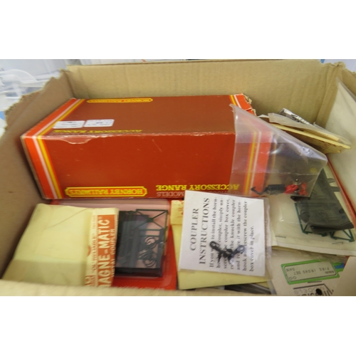 Selection of train accessories, bridges, animals, soldering iron etc