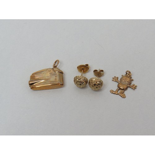 9ct gold x3 stud earrings, garfield charm & gold charm set (2.6g)