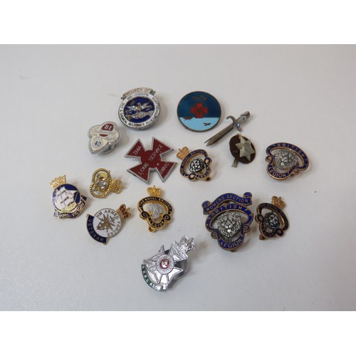 Fifteen assorted pin badges including military