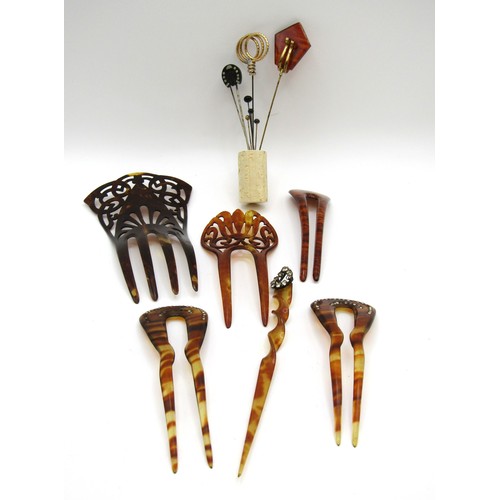 Collection of French faux tortoiseshell hair combs and stick pins ...