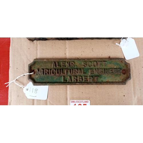 Vintage cast railway number plus A Scot Larbert cast sign