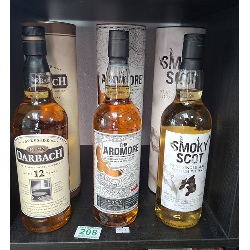 3 Bottles of single malt whisky Glen Darbach, The Ardmore & Smoky Scot