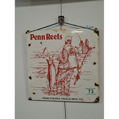 Vintage enamel Penn Reels fishing tackle sign 25cm x 25cm approx.