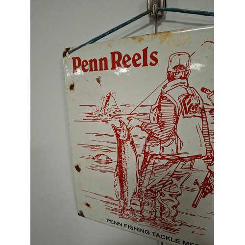 Vintage enamel Penn Reels fishing tackle sign 25cm x 25cm approx.