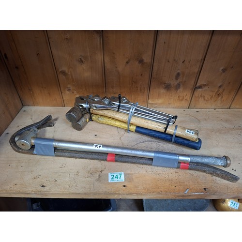 Selection of hammers, adjustable wrenches, crowbar and more