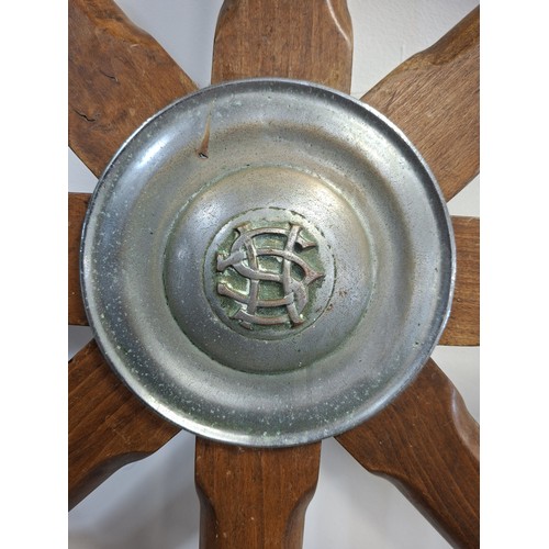 Vintage large ships wheel with gearing and crested centre