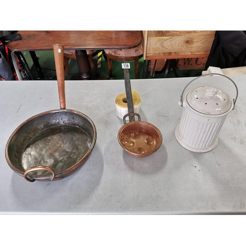 Antique copper egg poacher with cast iron handle, along with a large ...