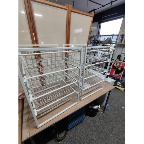 2x white metal storage racks, each rack has 4 basket shelves in good ...