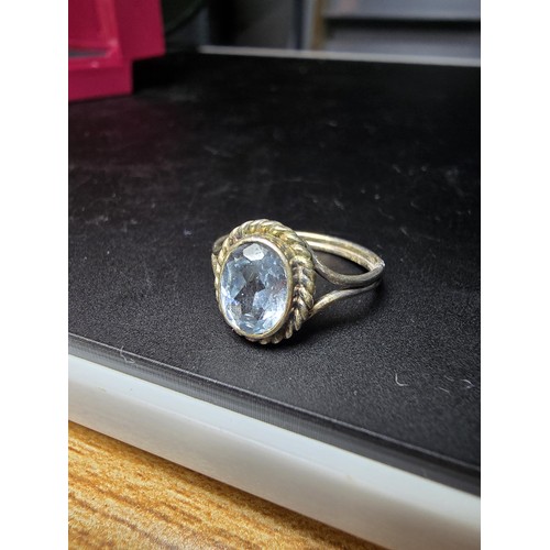 A quality vintage 925 silver dress ring inset with a large faceted blue ...