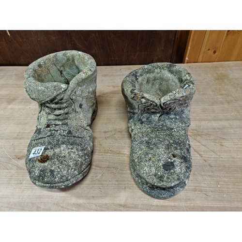 Pair of concrete boot formed planters in good order both are weather ...