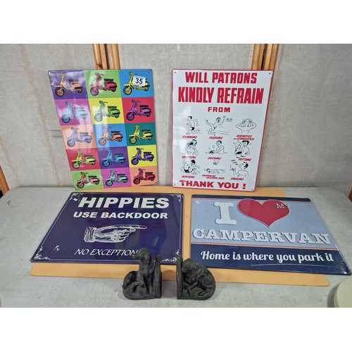 A collection of 4 novelty tinplate signs to include a swimming sign ...