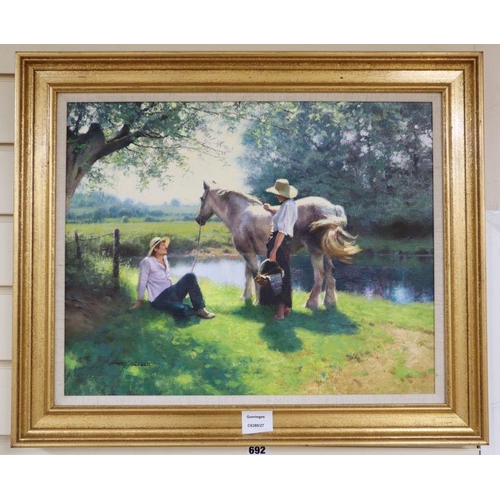 Tony Sheath, oil on canvas, Figures and horse on a riverbank, signed ...