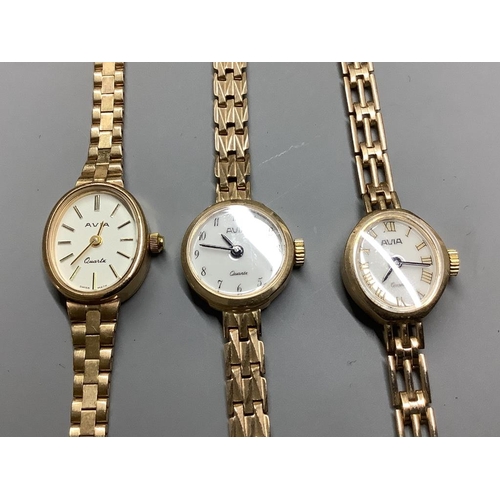 Three assorted lady's modern 9ct gold Avia quartz wrist watches on 9ct ...