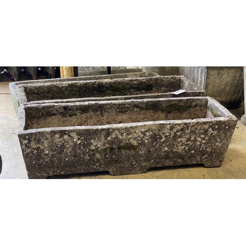 Three rectangular reconstituted stone garden planters, one lacking base, largest width 91cm, height