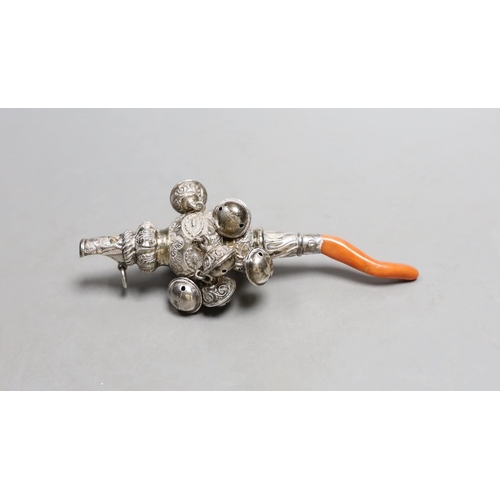 A late Victorian silver baby s rattle, with bells, whistle and coral ...