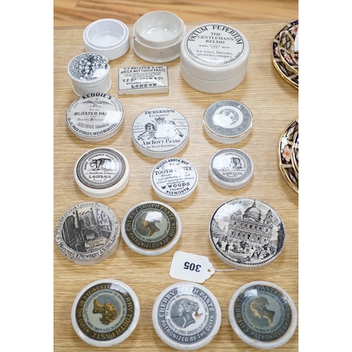 Fifteen toothpaste and gentleman s relish pot lids and two pot bases,