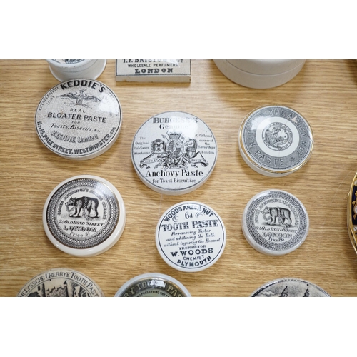 Fifteen toothpaste and gentleman s relish pot lids and two pot bases,