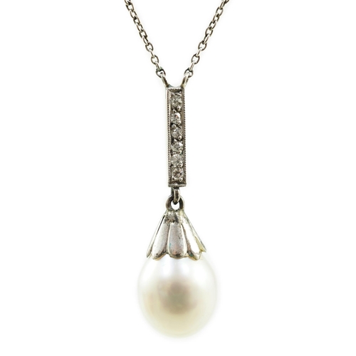 A 1920's platinum, single stone pear shaped cultured pearl and six ...
