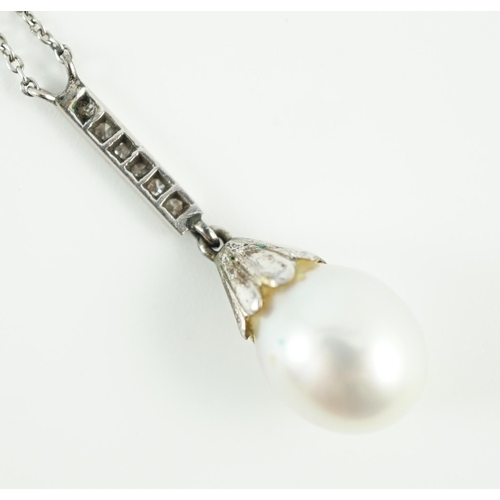 A 1920's platinum, single stone pear shaped cultured pearl and six ...