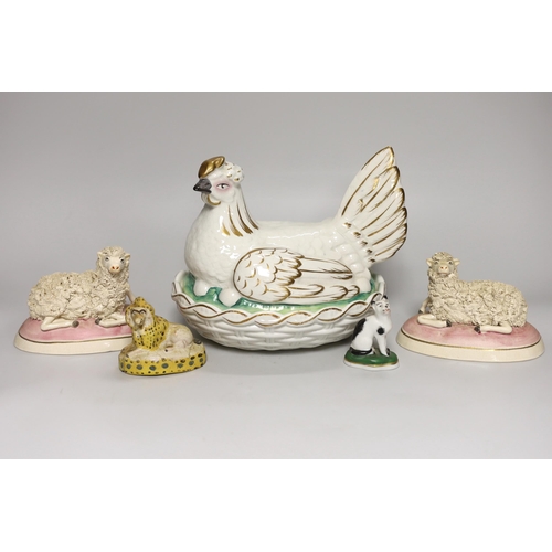 A Victorian earthenware chicken tureen, and four small ceramic animal ...