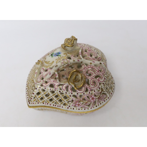 A reticulated Herend leaf form box and cover, 9cm high