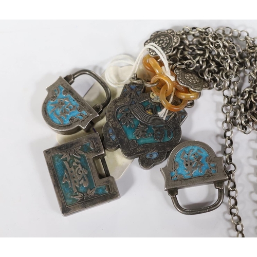 A Chinese white metal and enamel pendant on chain, overall 56cm and ...