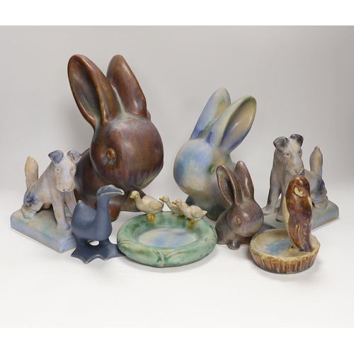 Collection of Bourne Denby animals including rabbits and a pair of dogs ...