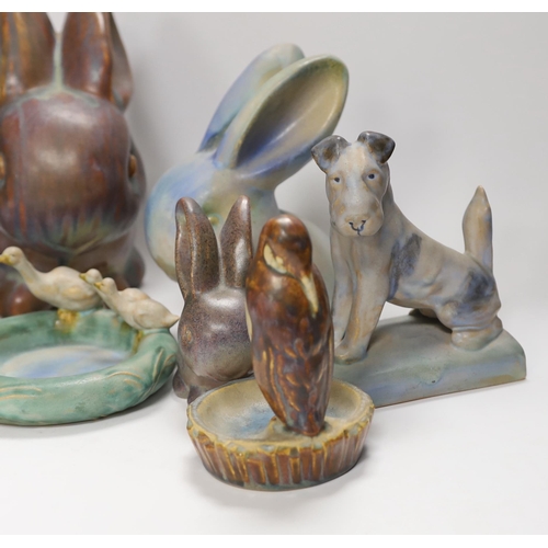 Collection of Bourne Denby animals including rabbits and a pair of dogs ...