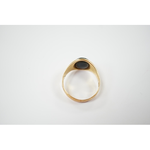 An 18ct gold and single stone oval bloodstone set signet ring, size Z ...