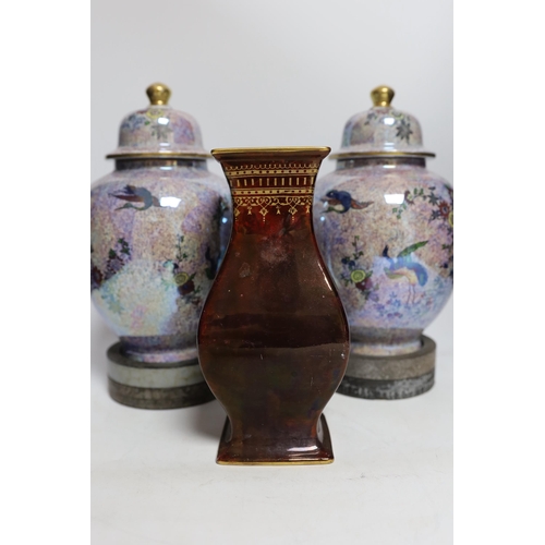 A pair of Wilton ware lustre glazed lidded vases on stands and a Losol ...