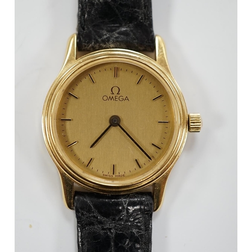 A lady's 9ct gold Omega quartz wrist watch, with case back inscription ...