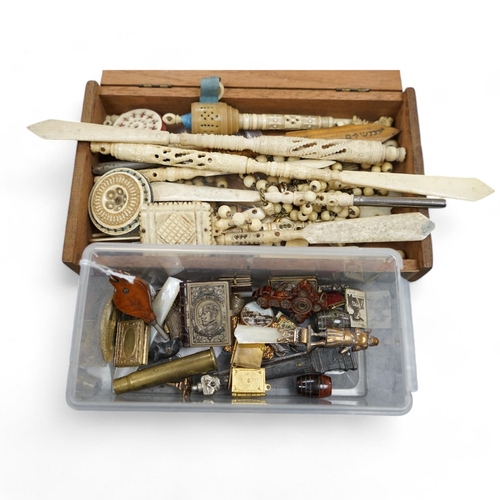 A collection of carved bone Stanhope letter openers, sewing items ...