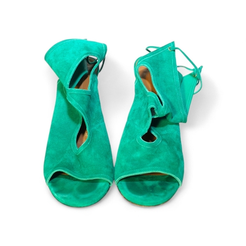 A pair of Aquazzura emerald suede open toe heels, in original box, size 41