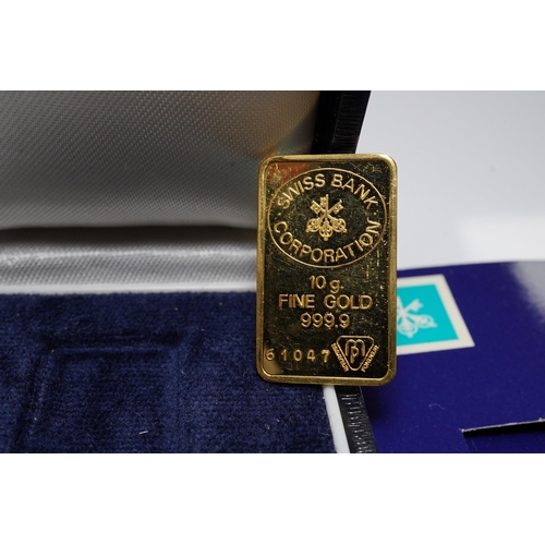 Three small 'gold Fine .999' bullion ingots, (two 1g and one 10g), two ...