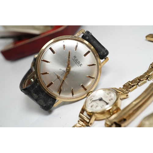 A ladies 9ct gold Rone Incabloc wrist watch with gilt strap and ...