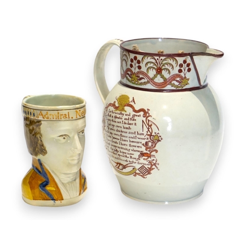 A Staffordshire Prattware Admiral Nelson mug, c.1800, 11.5cm and a ...