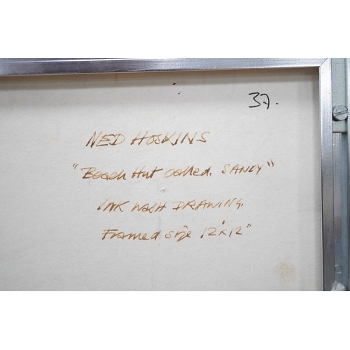 Ned Hoskins (b.1939), ink wash drawing, Beach Hut called Sandy, 16.5 x ...